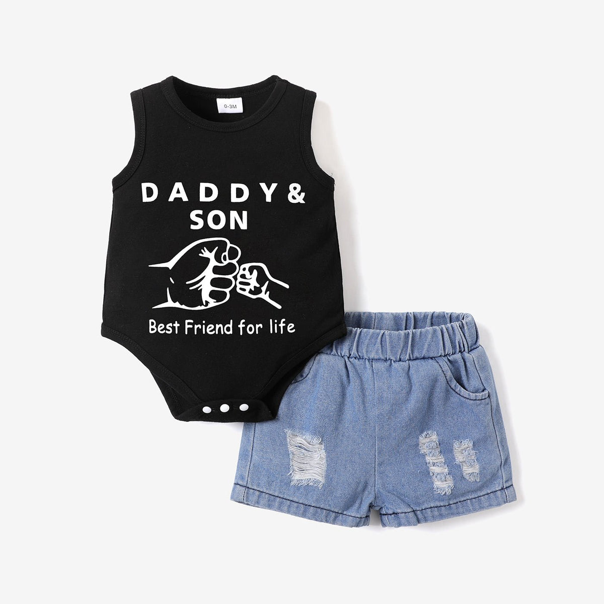 2pcs Baby Boy 100% Cotton Ripped Denim Shorts and Graphic Tank Romper ...