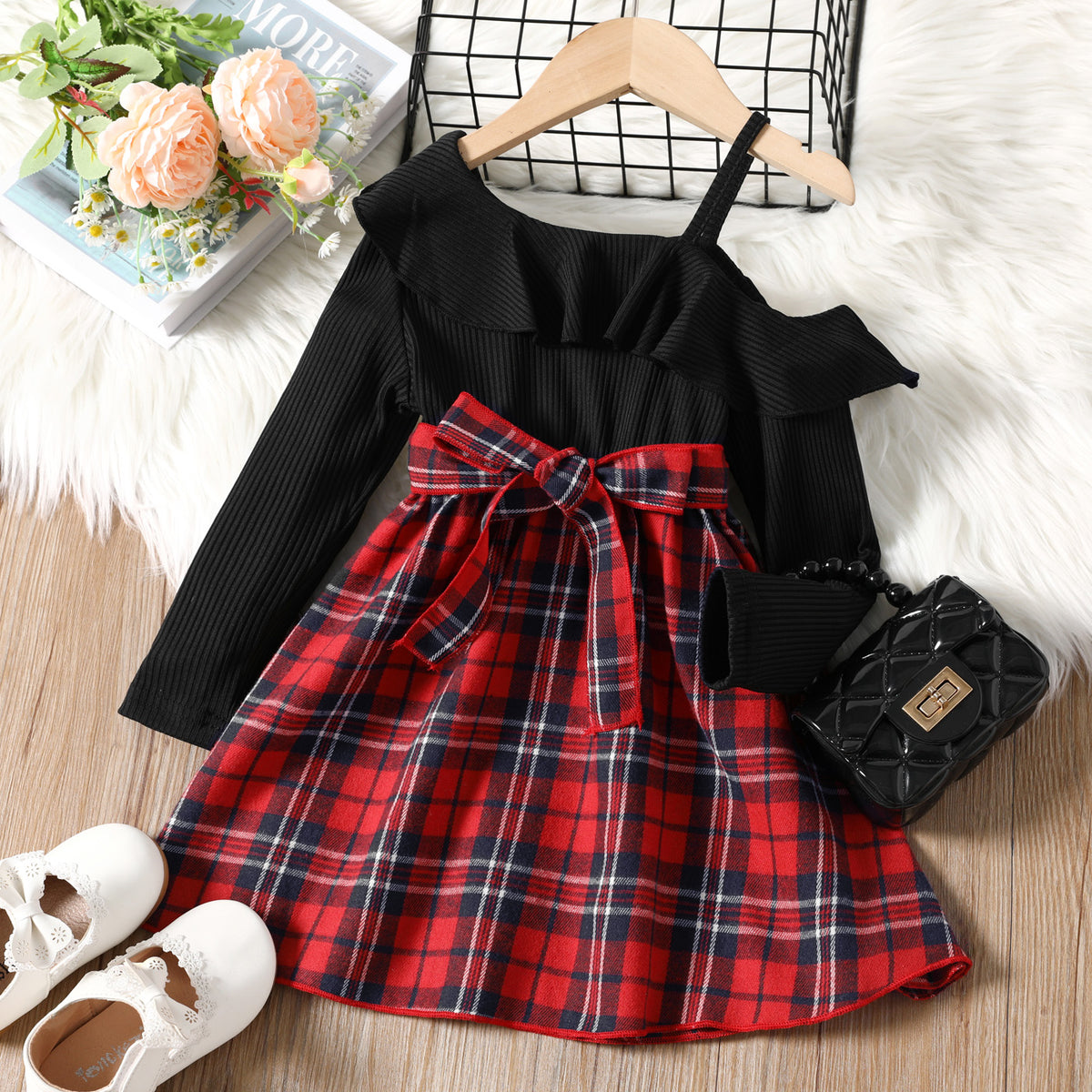 Toddler Girl Elegant Plaid Flounce One Shoulder Long-sleeve Dress – MomYom